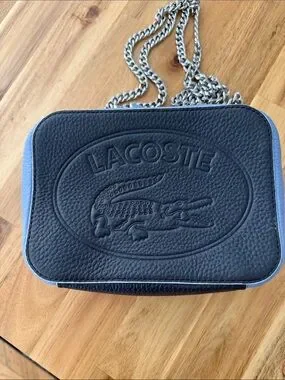 Lacoste | Bags | Lacoste Black Pebbled Leather Logo Chain Shoulder Bag ...